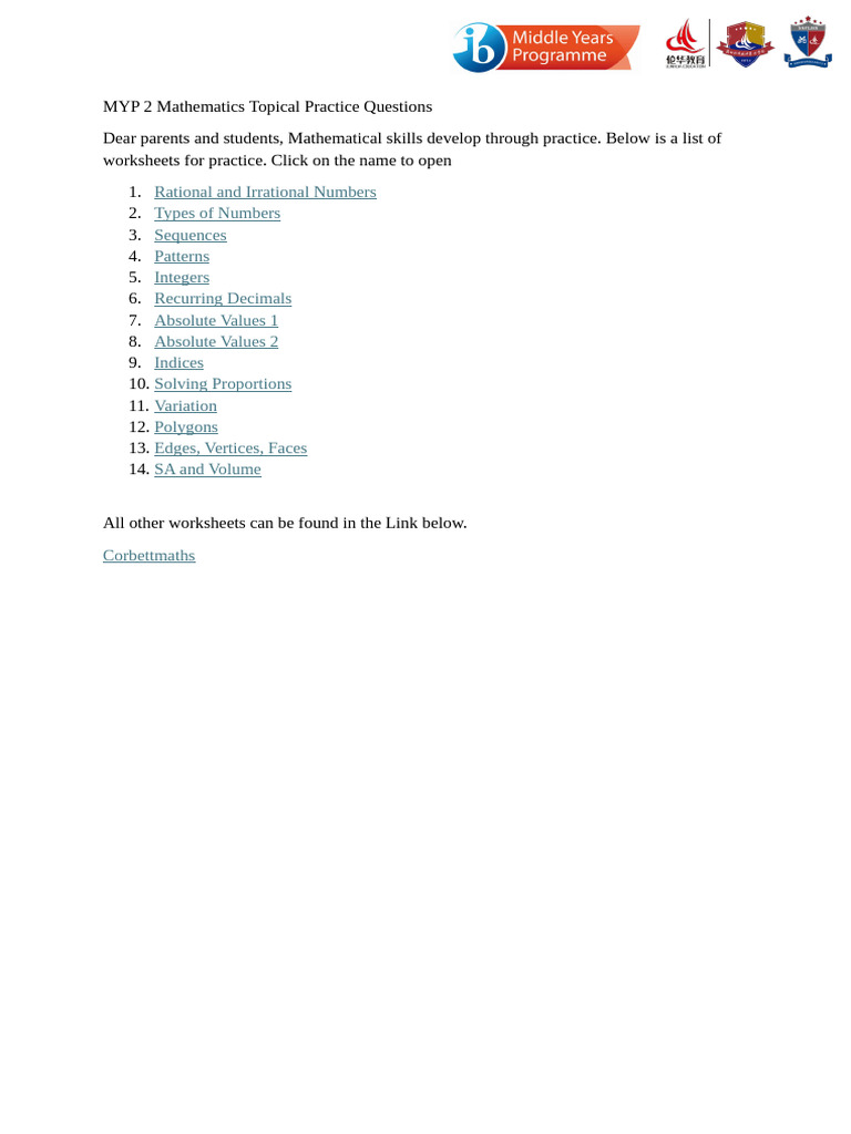 MYP 2 Mathematics Topical Practice Questions | PDF