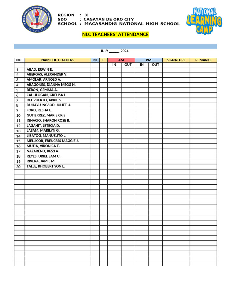 NLC Teacher's Attendance | PDF