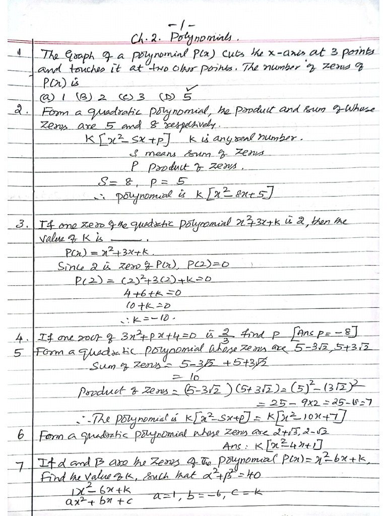 CH 2 Polynomials Revision Questions PDF | PDF