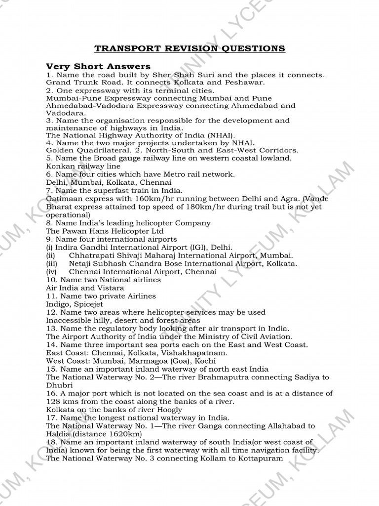 Transport Revision Questions | PDF