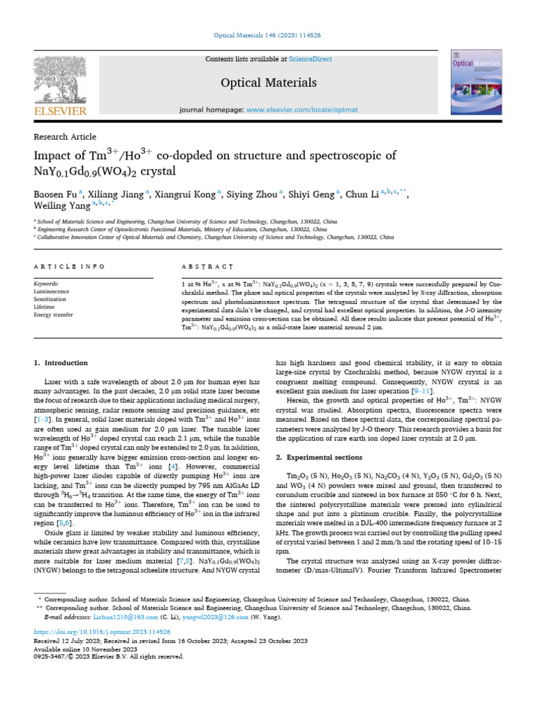 Impact of Tm3+Ho3+ co-dopded on structure and spectroscopic of NaY0.1Gd0.9(WO4)2 crystal | PDF ...