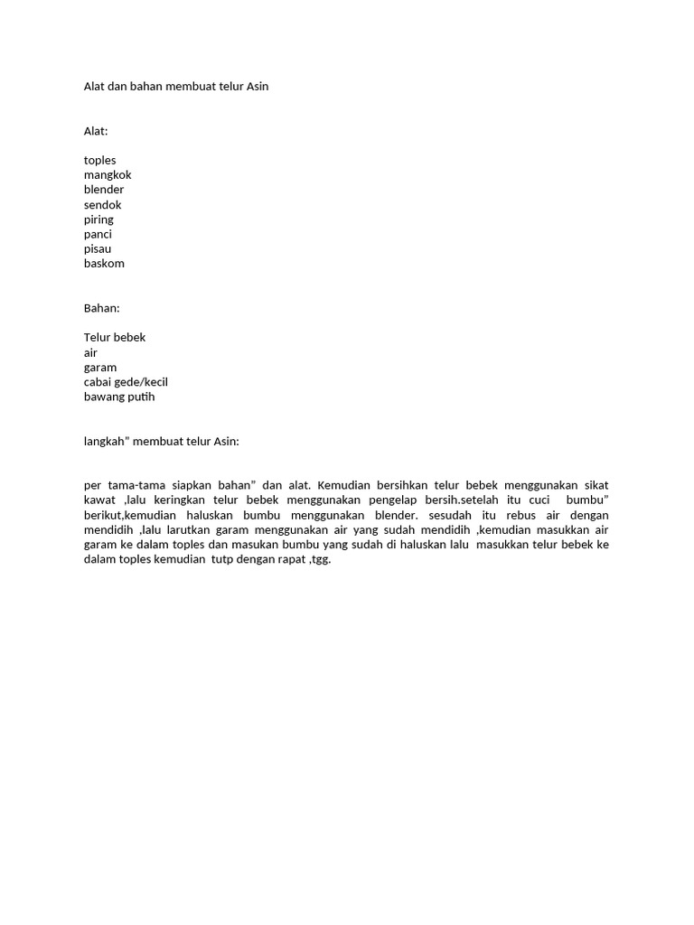 Alat Dan Bahan Membuat Telur Asin - Docx Tasya Alay | PDF