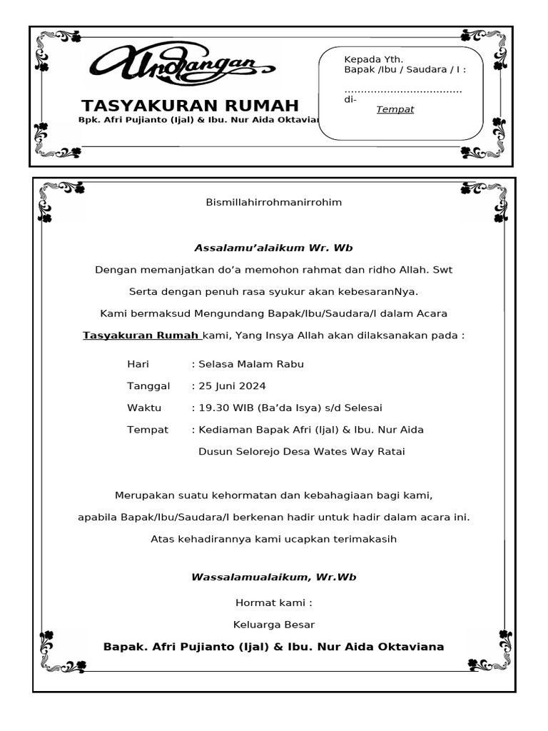 Undangan Tasyakuran Rumah 25 Juni 2024 | PDF