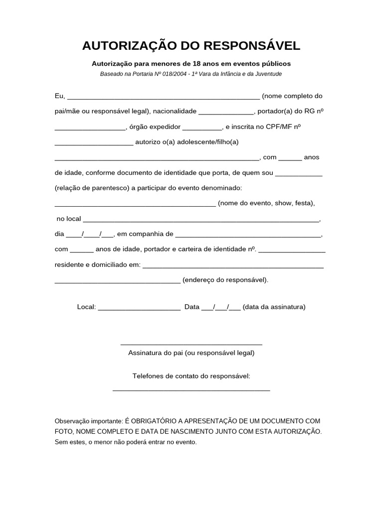 Modelo Autorizacao para Menores | PDF