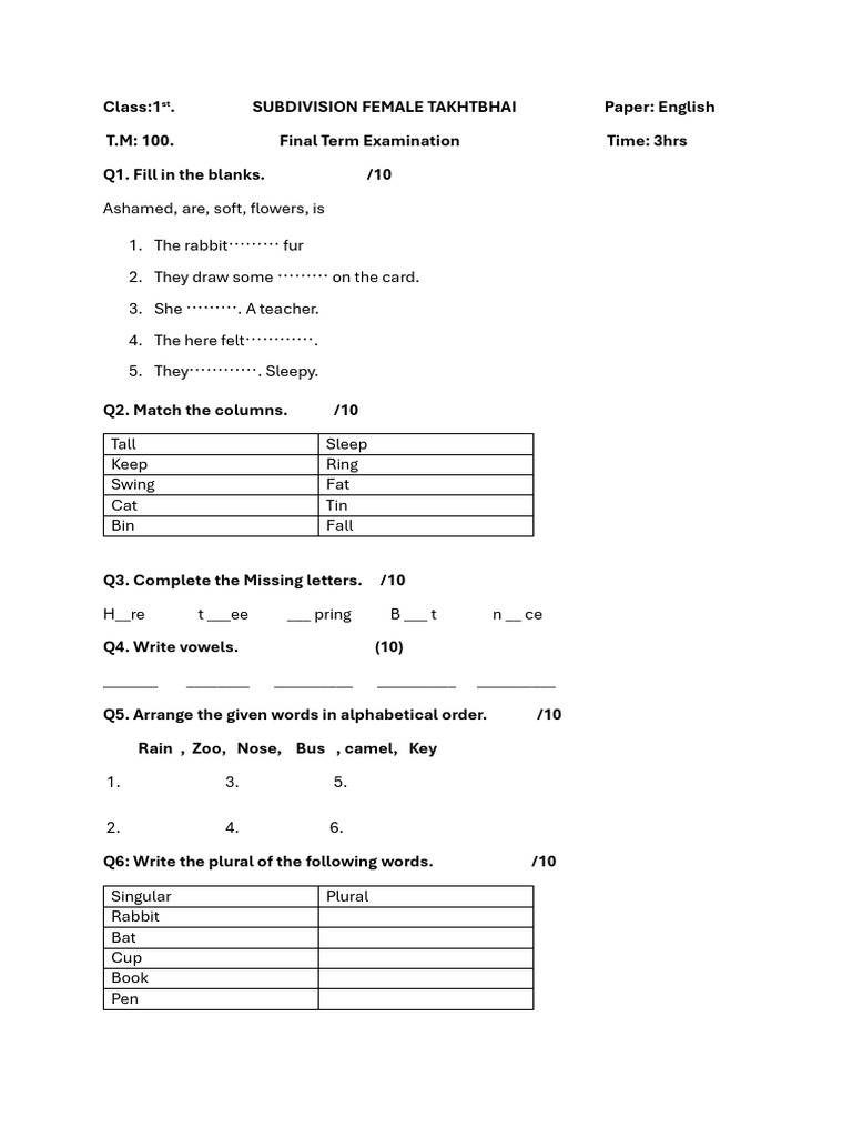 Paper English Class 1 | PDF