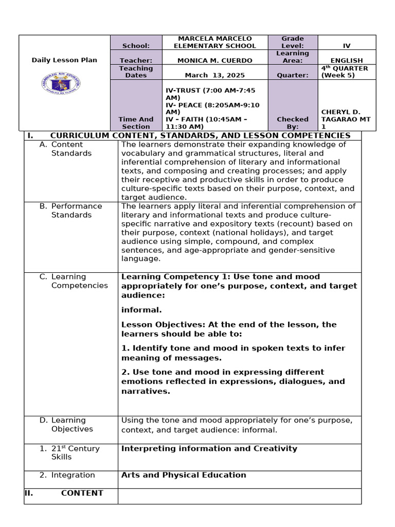 Grade 4 English Lesson Plan: Tone & Mood | PDF | Reading Comprehension ...