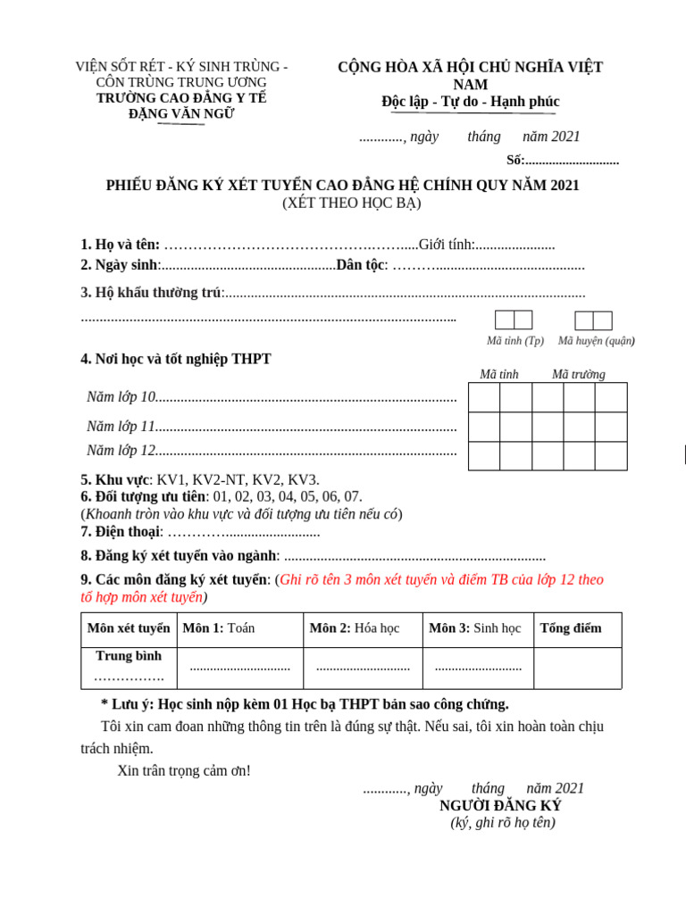 Phieu Dang Ky Xet Tuyen 2021 | PDF