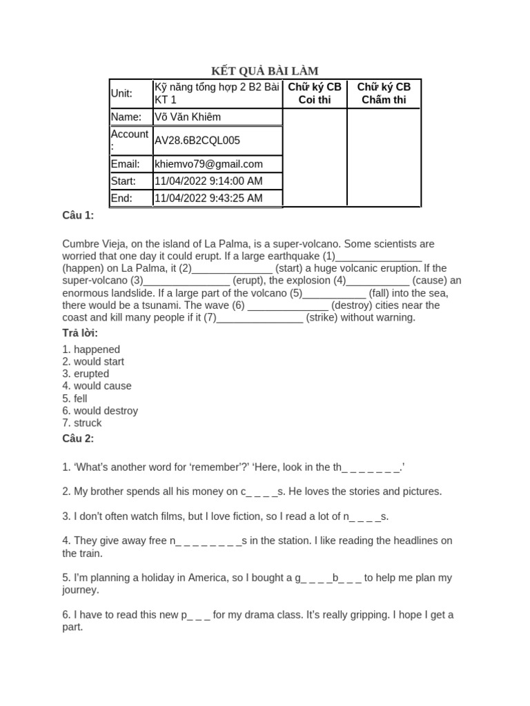 KỸ NĂNG TỔNG HỢP 2 B2 BÀI KT 1 - Khiem | PDF | Tsunami | Geological Hazards