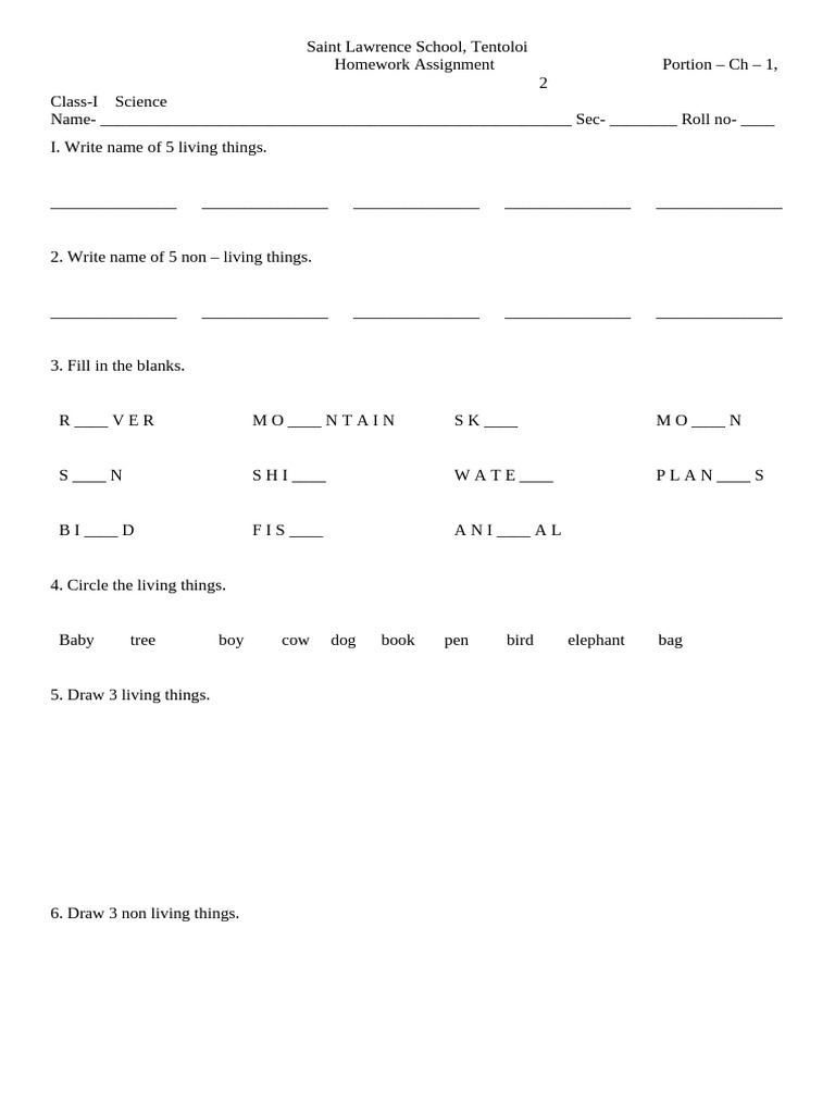 Class 1 Science Homework Assignment | PDF
