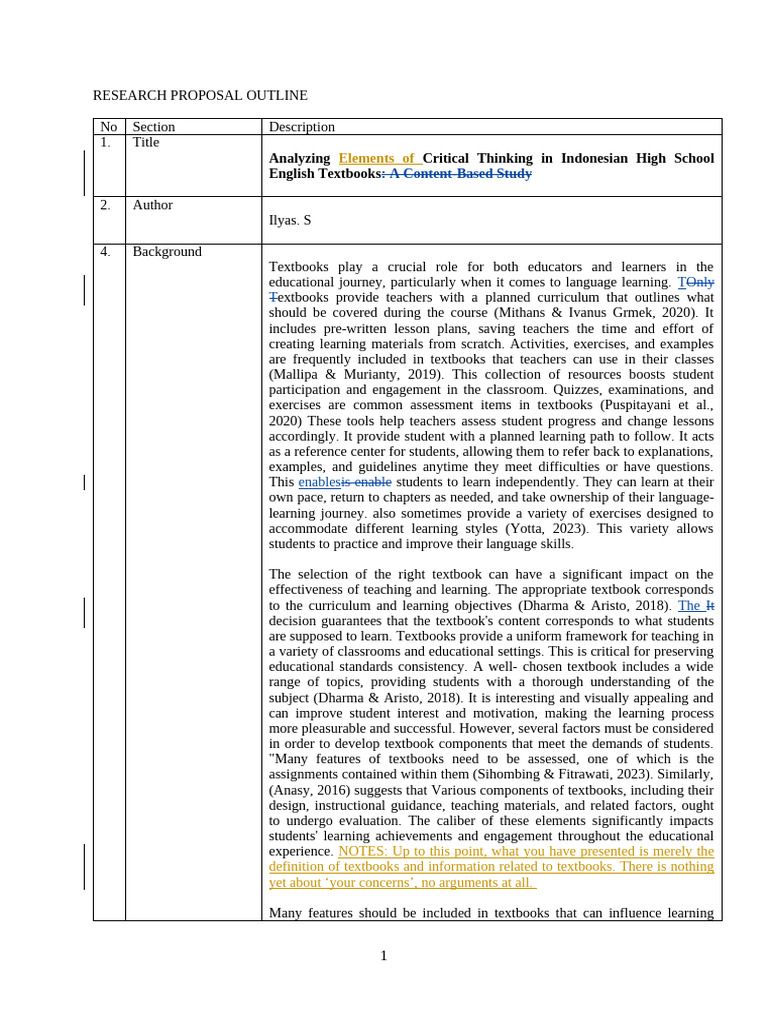 ILYAS. S 2024 OUTLINE THESIS (Revisi 1) | PDF | Curriculum | Critical Thinking