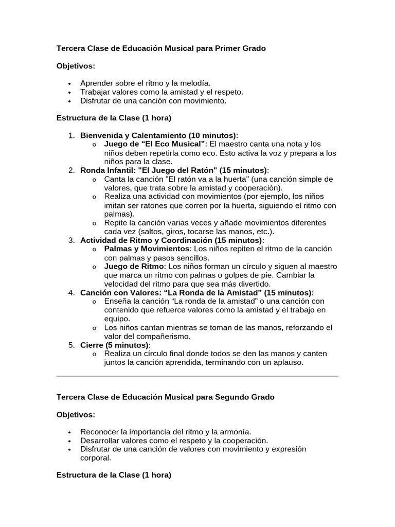 Tercera Clase de Educación Musical para Primer Grado | PDF | Canciones | Ritmo
