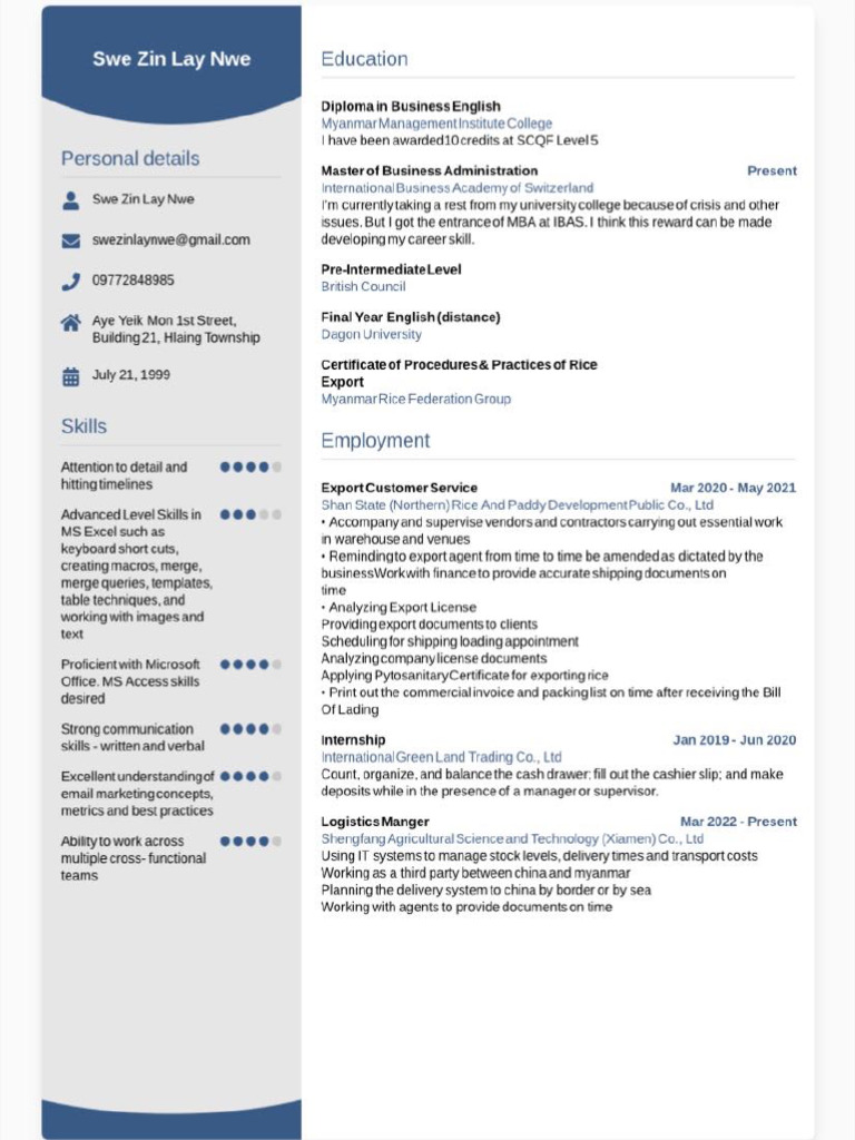 Swe Zin Lay Nwe Resume-1 | PDF