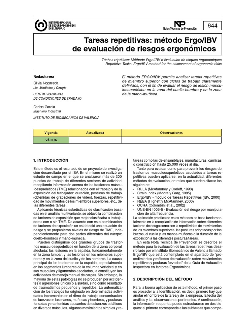 Método Ergo/IBV de evaluación de riesgos ergonómicos | Matemáticas ...
