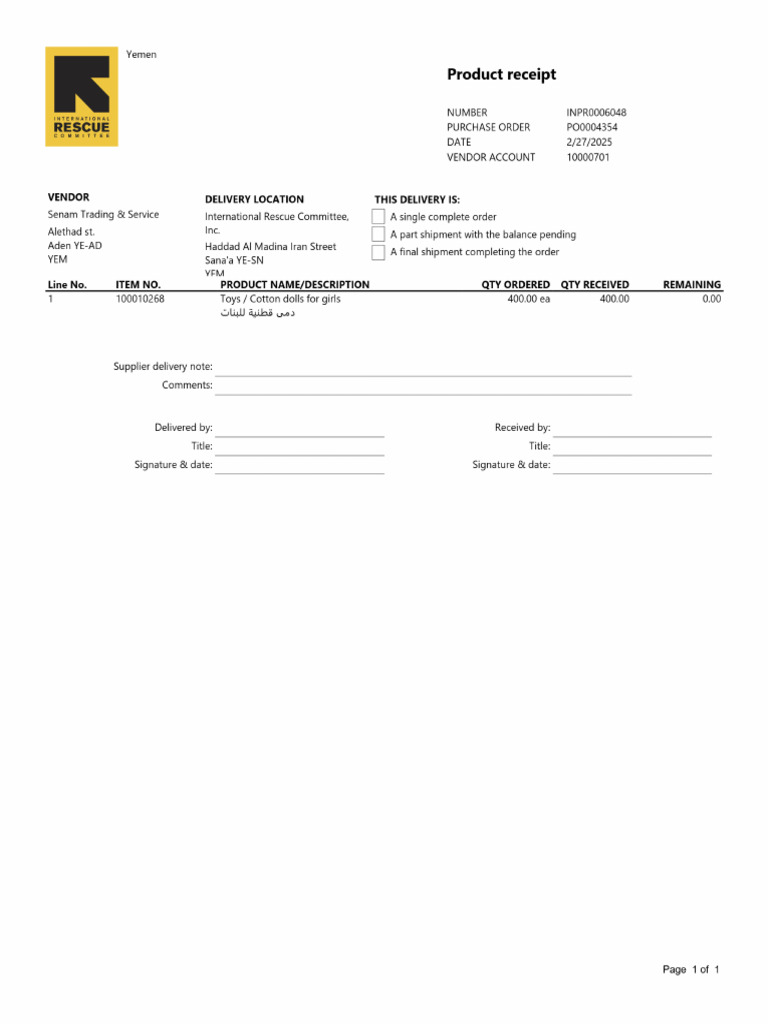 Product Receipt PO0004354 | PDF