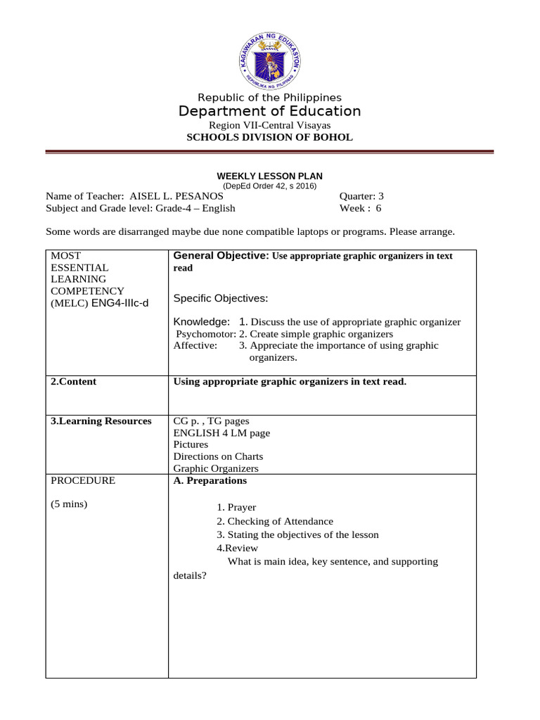 Bohol - English4 - Q3 - PLP - WK 6 | PDF | Learning | Cognition