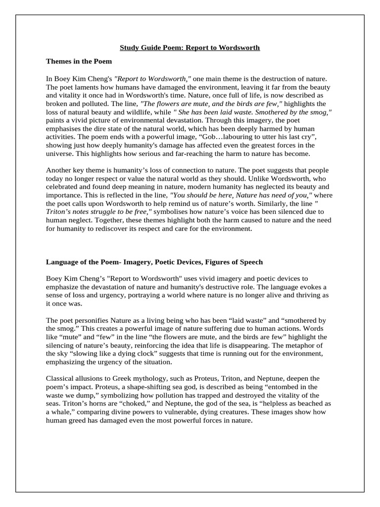 Study Guide - Report To Wordsworth | PDF | Poetry | Rhyme