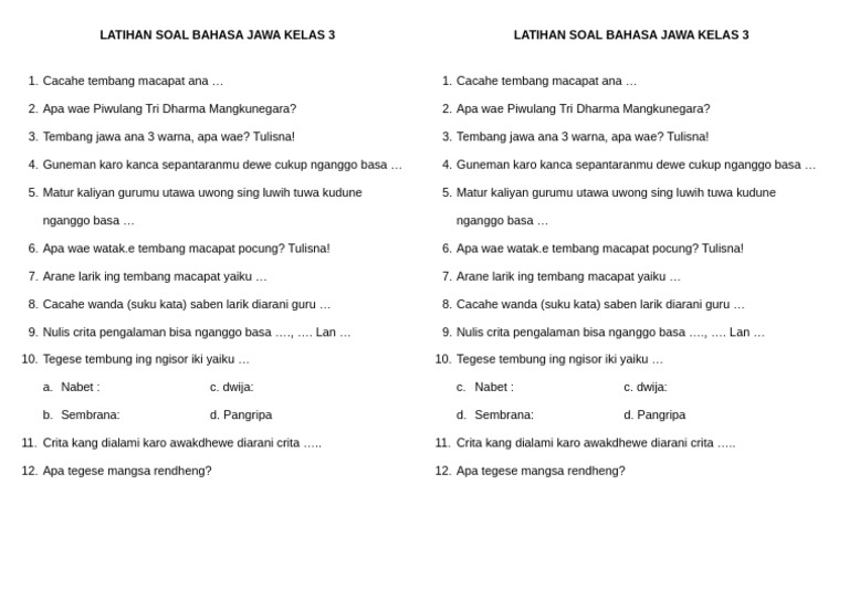 LATIHAN SOAL BAHASA JAWA KELAS 3_083825 | PDF