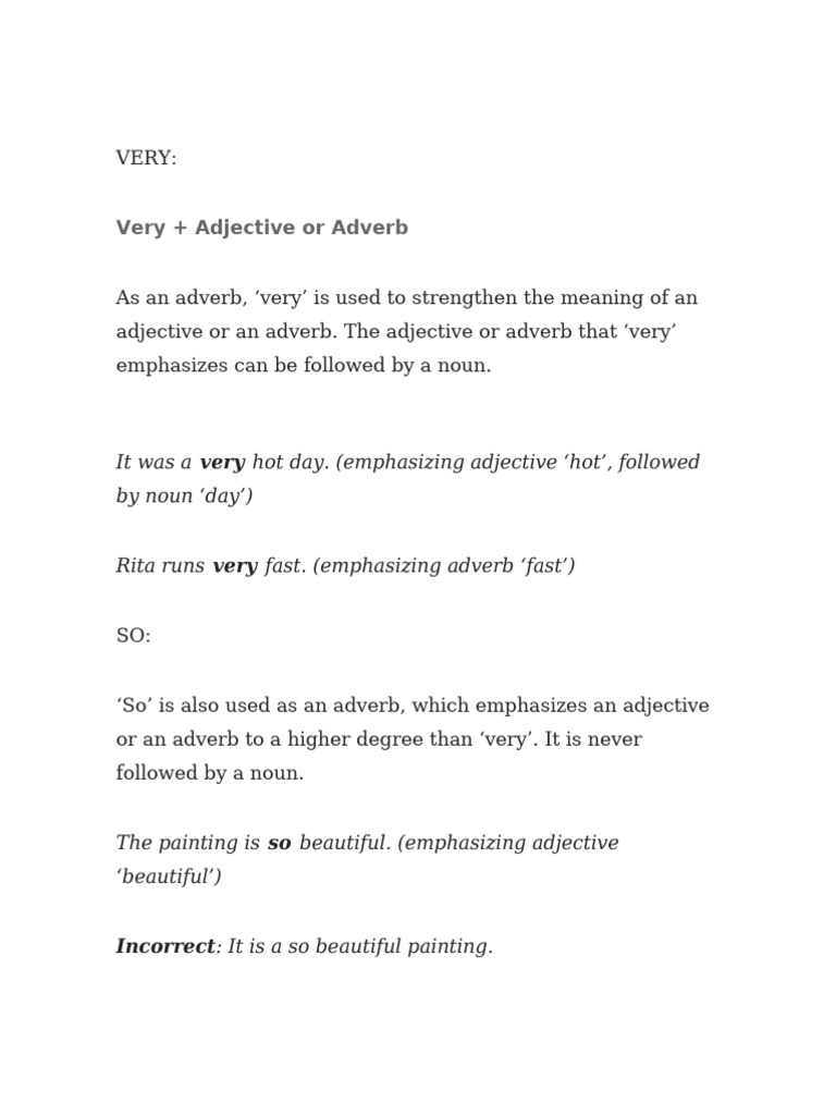Using "Very" and "So" in English | PDF