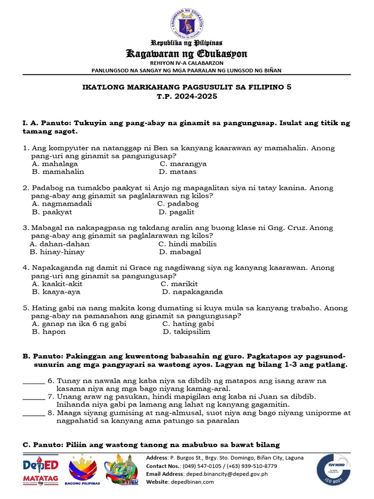 IKA TATLONG NA MARKAHANG PAGSUSULIT SA FILIPINO 5updated 1 | PDF