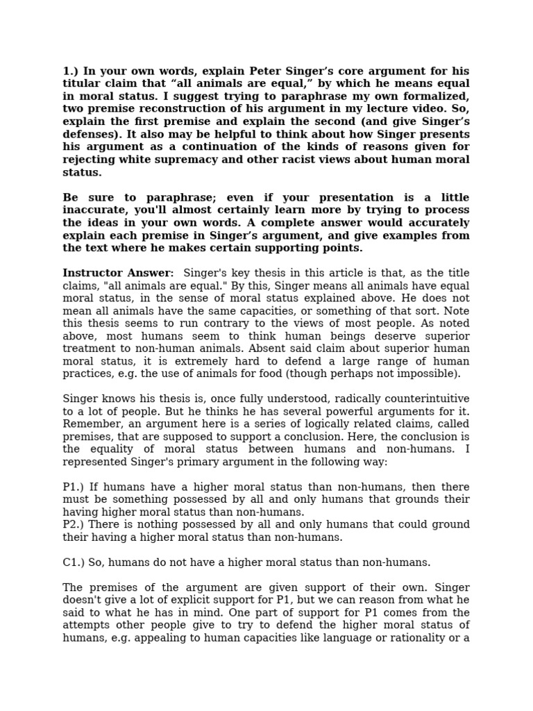 Answers To Questions Over Peter Singer and The Equality of All Sentient ...
