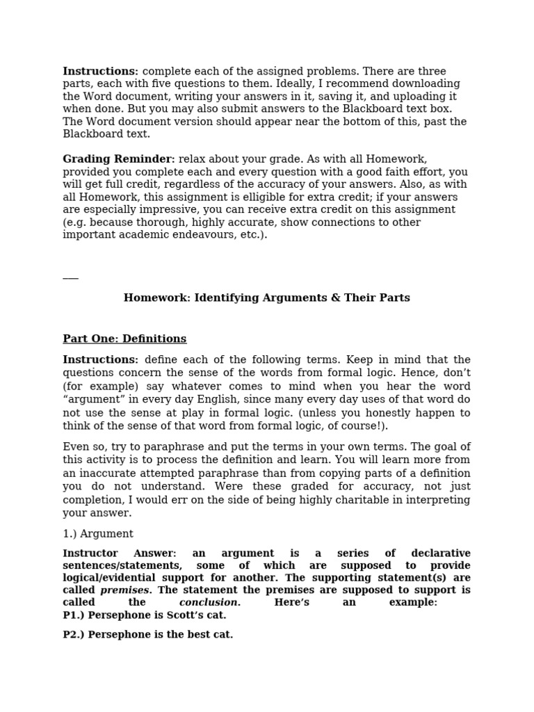 Homework - Identifying Arguments and Their Parts - ANSWERS - Spring ...