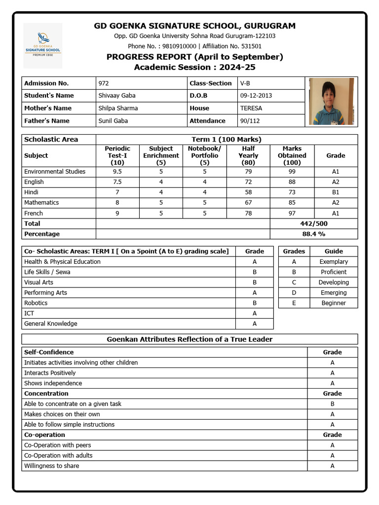 GD Goenka School Progress Report 2024-25 | PDF | Cognition | Learning
