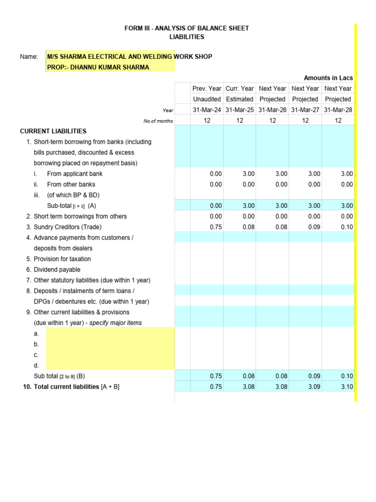 Form Iii - Analysis of Balance Sheet Liabilities M/S Sharma Electrical ...