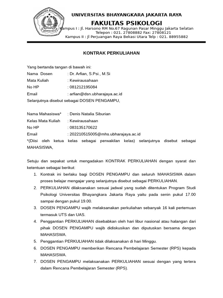 MK Kewirausahaan Kls B Kontrak Perkuliahan Dosen Pengampu Dan Mahasiswa ...