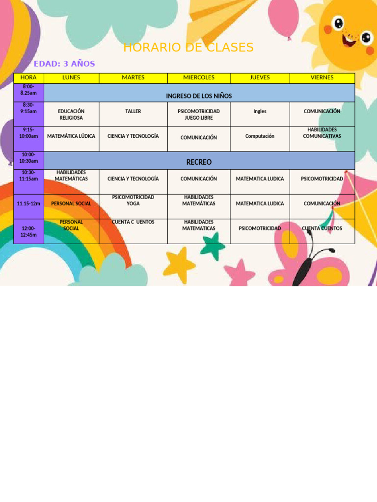 HORARIO DE CLASES INICIAL - MISS MILAGROS | PDF