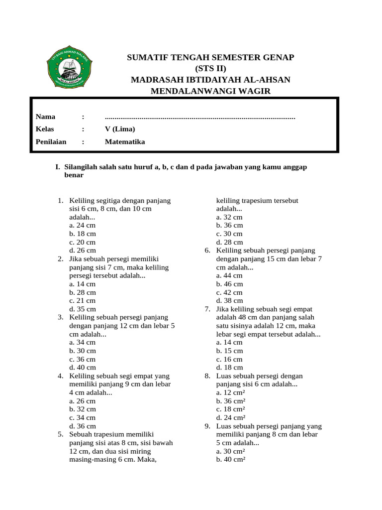 Soal MTK STS 2 | PDF
