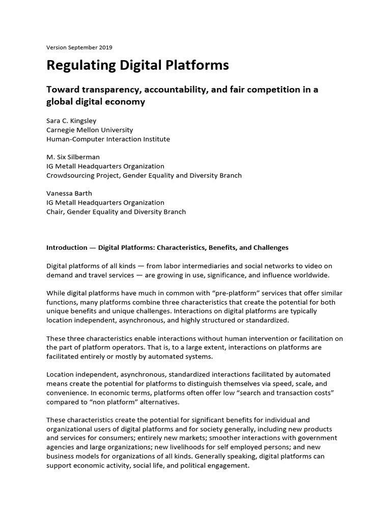 Kingsley Regulating Digital Platforms | PDF | Employment | Occupational ...