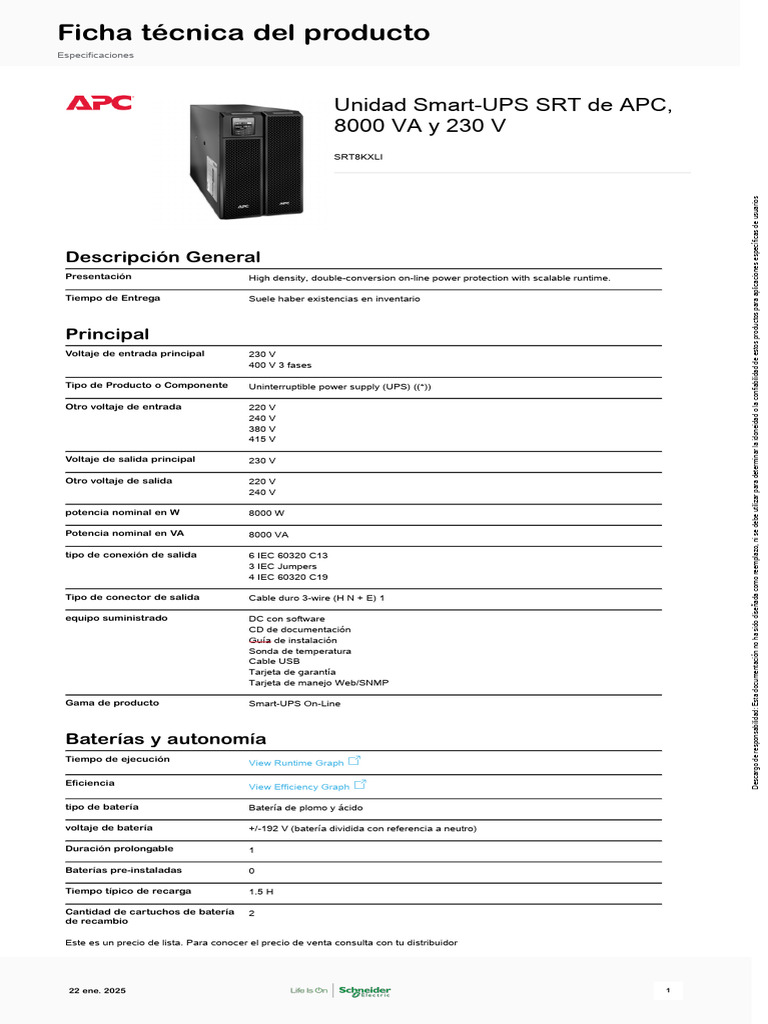 Schneider Electric - SmartUPS-en-línea - SRT8KXLI | PDF