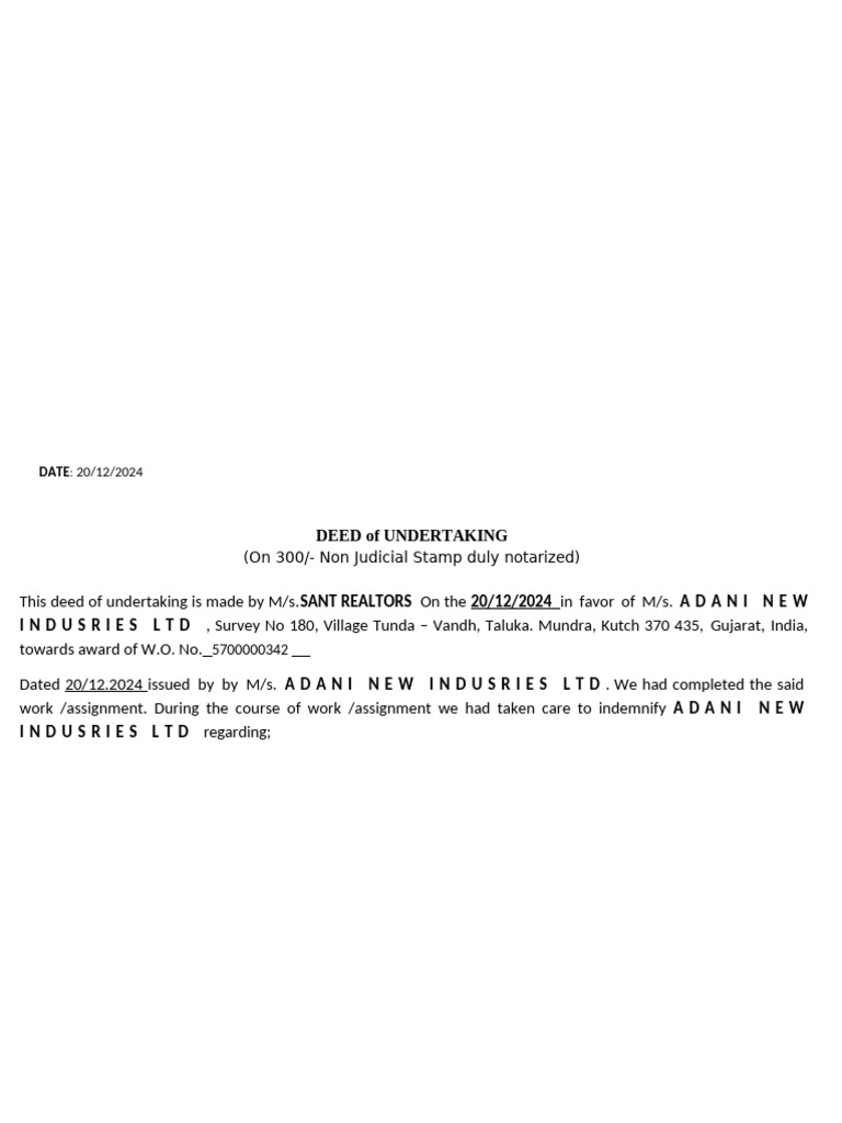 DEED of UNDERTAKING FINAL | PDF | Employment | Wage