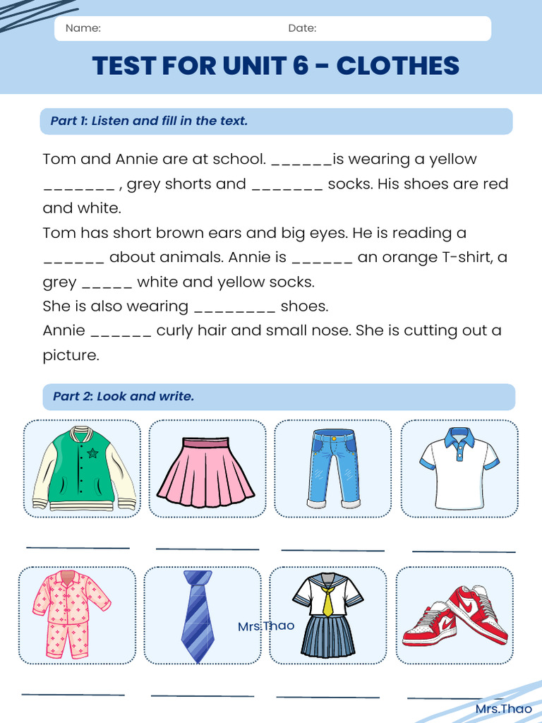 Clothes Vocabulary Test for Kids | PDF | Clothing | Sock