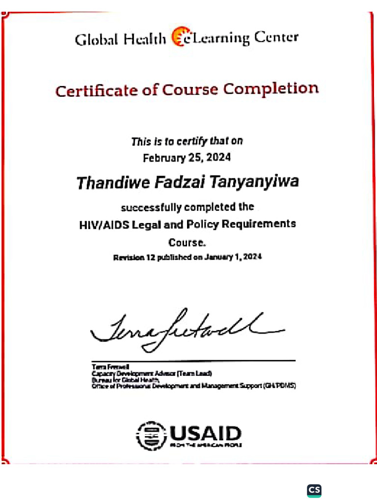 Tanyanyiwa Thandiwe HIV Legal Certificate | PDF
