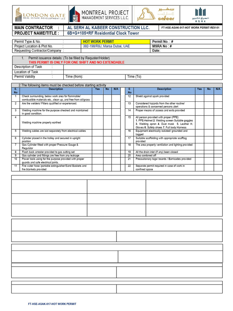 Ft-Hse-Asak-017-Hot Work Permit | PDF | Welding | Construction