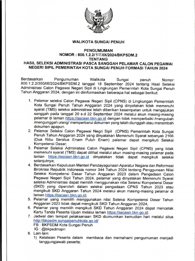 PENGUMUMAN HASIL SELEKSI PASCA SANGGAH_ | PDF