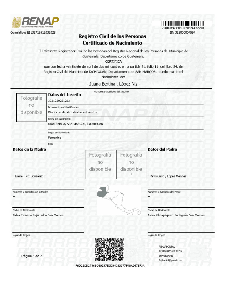 Renap Juana Bertina | PDF | Autenticación