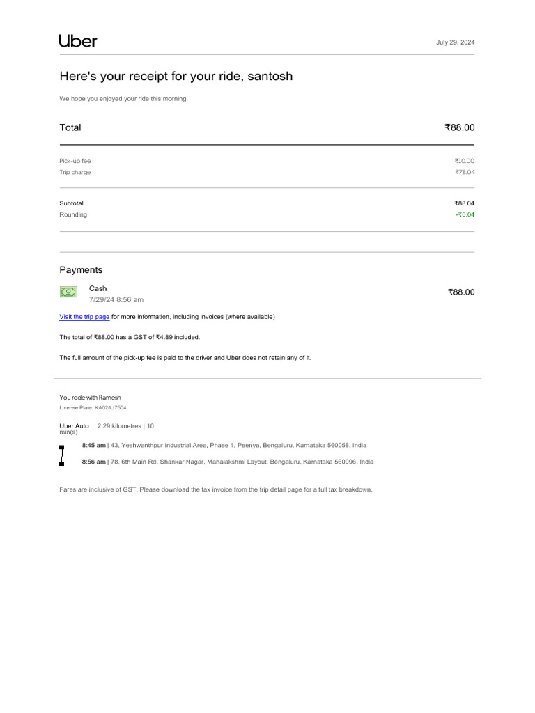 Uber Ride Receipt - Bengaluru, July 2024 | PDF