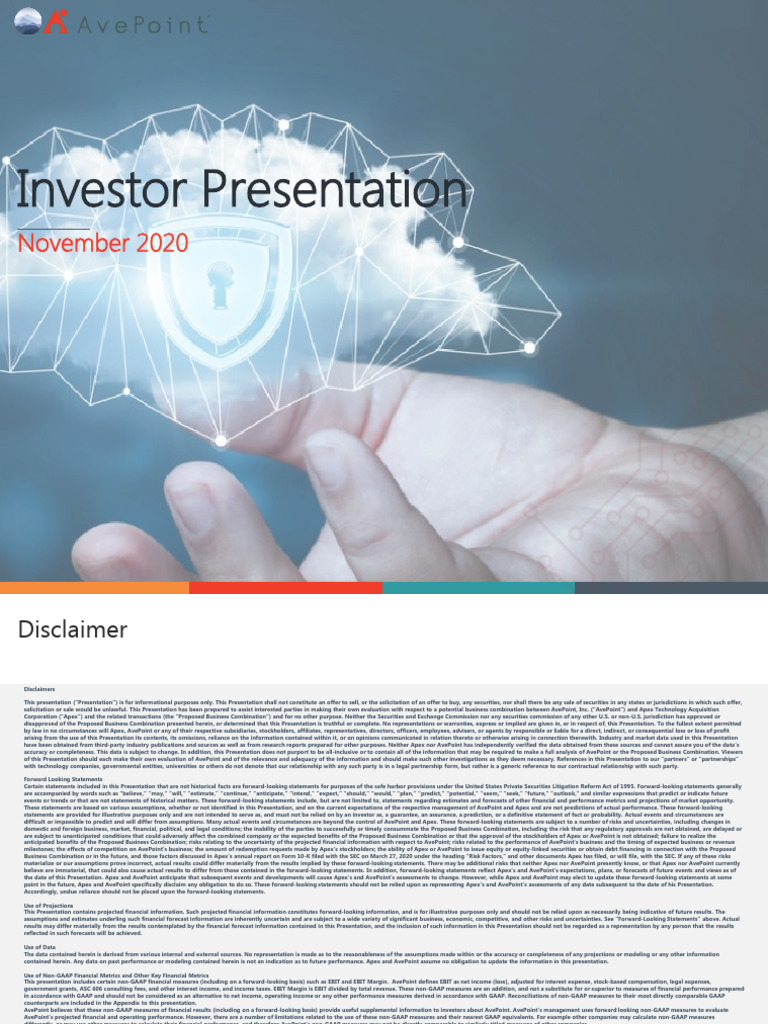 AvePoint and Apex Business Combination Overview | PDF | Forecasting | Risk
