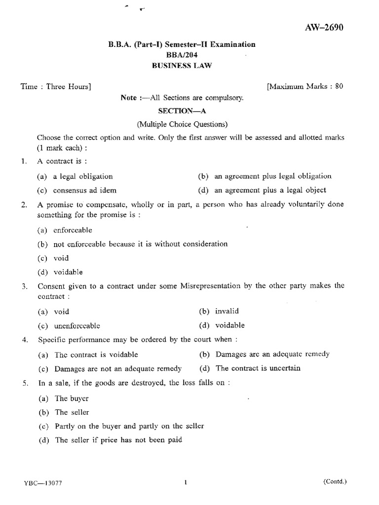 Bba 2 Sem Business Law S 2019 | PDF | Consent | Law Of Obligations