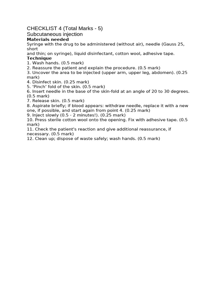Subcutaneous Injection Procedure Checklist | PDF