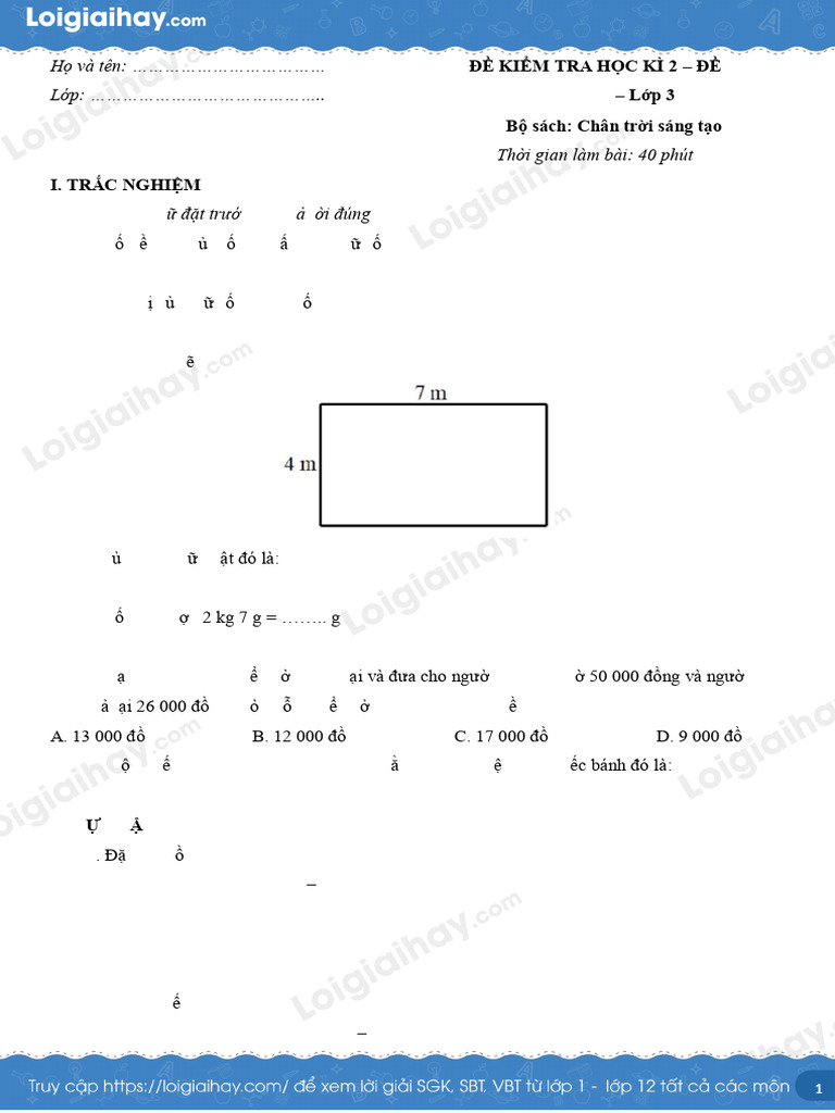 De Kiem Tra Hoc Ki 2 Toan 3 Chan Troi Sang Tao de So 10 1683170759 | PDF
