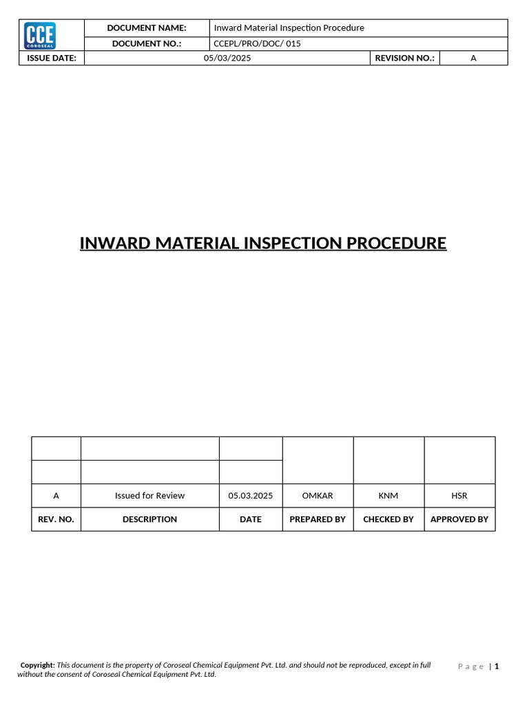 Inward Material Inspection Procedure | PDF
