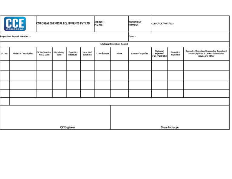 Format CCEPL-QC-FMT-003 Material Rejection Report | PDF