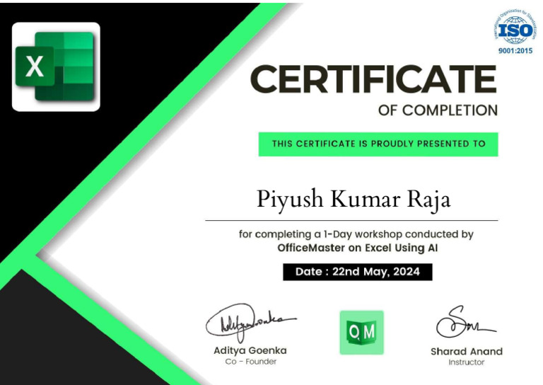 Piyush Kumar Raja Excel Certificate | PDF