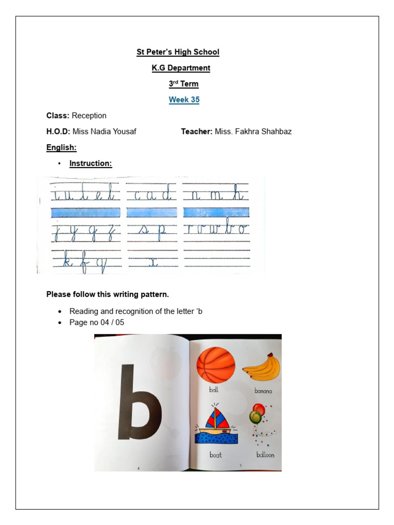 Reception Class Weekly Lesson Plan | PDF