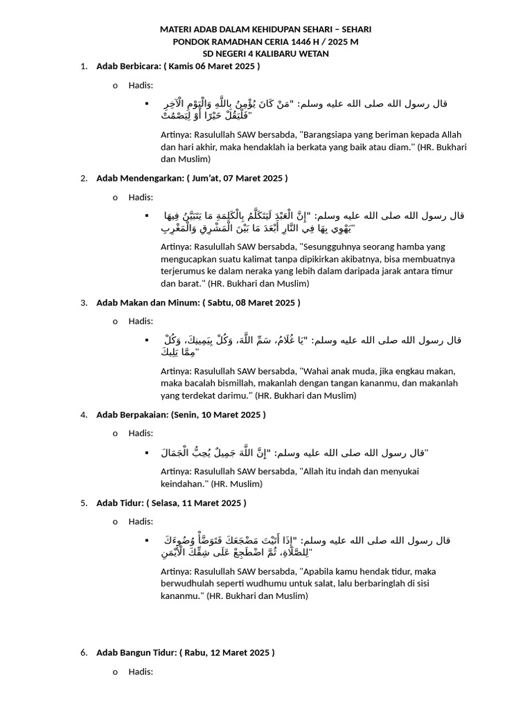 Materi Adab Dalam Kehidupan Sehari Ponrom Swepat | PDF