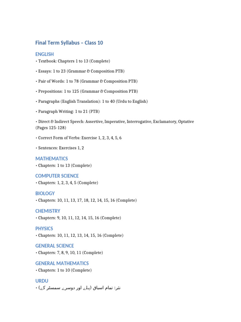 Final Term Syllabus Class 10 | PDF