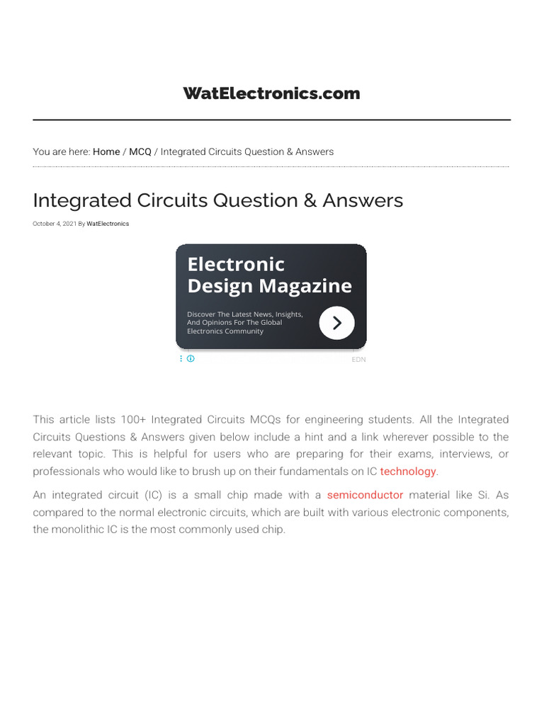 100+ Integrated Circuits Multiple Choice Questions (MCQ) With Answers | PDF | Integrated Circuit ...
